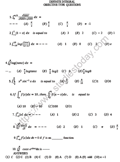 CBSE Class 12 Mathematics Indefinite and Definite Integrals MCQs with Answers